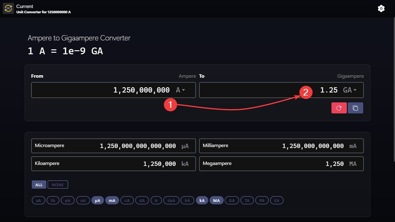 Ampere to Gigaampere (A to GA) Converter - Calculator Hub