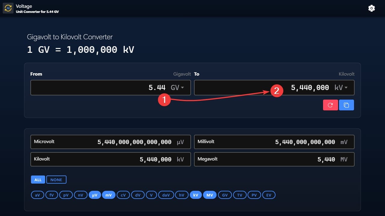 Gigavolt to Kilovolt (GV to kV) Converter - Calculator Hub