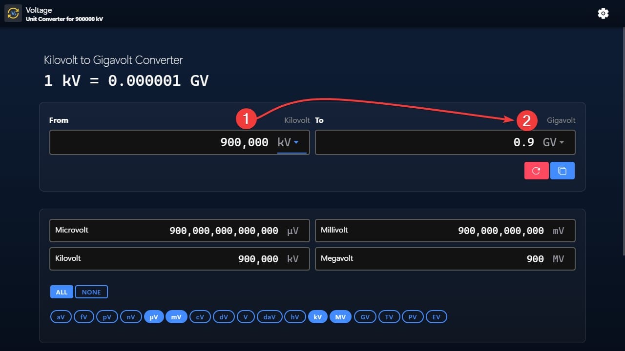 Kilovolt to Gigavolt (kV to GV) Converter - Calculator Hub