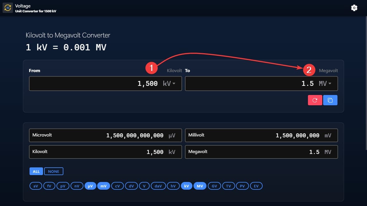 Kilovolt to Megavolt (kV to MV) Converter - Calculator Hub