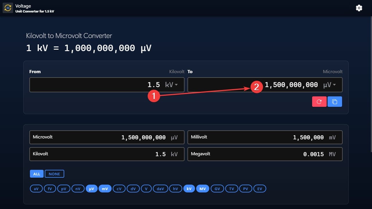 Kilovolt to Microvolt (kV to µV) Converter - Calculator Hub