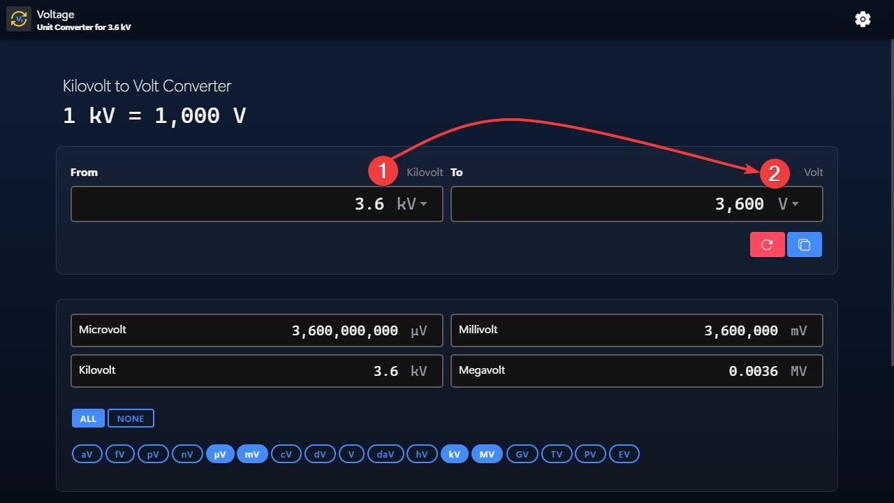 Kilovolt to Volt (kV to V) Converter - Calculator Hub