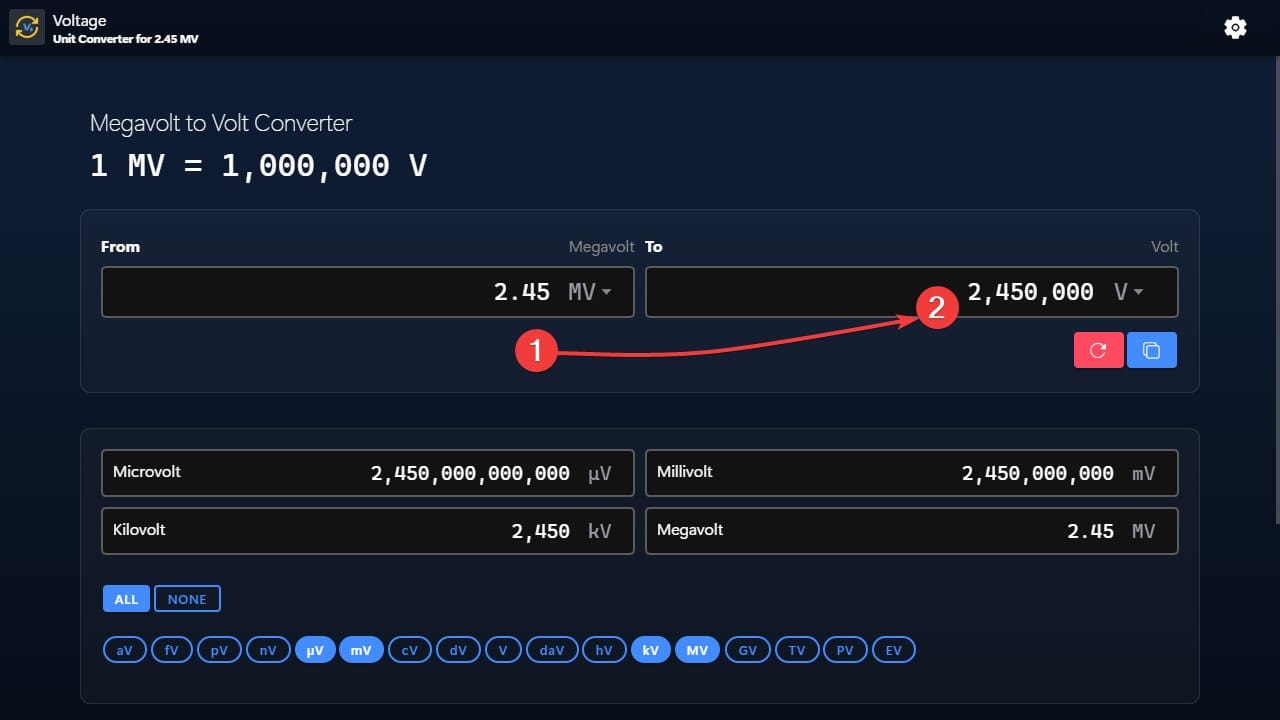 Megavolt to Volt (MV to V) Converter - Calculator Hub