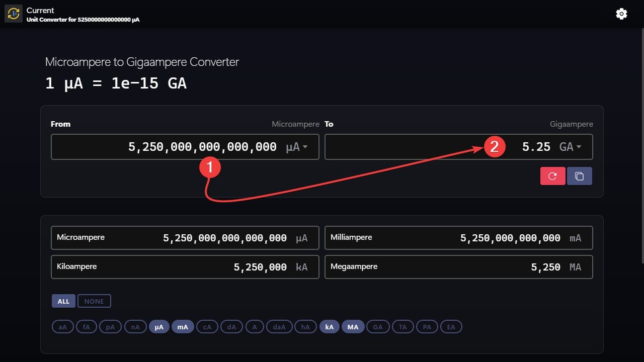 Microampere to Gigaampere (µA to GA) Converter - Calculator Hub