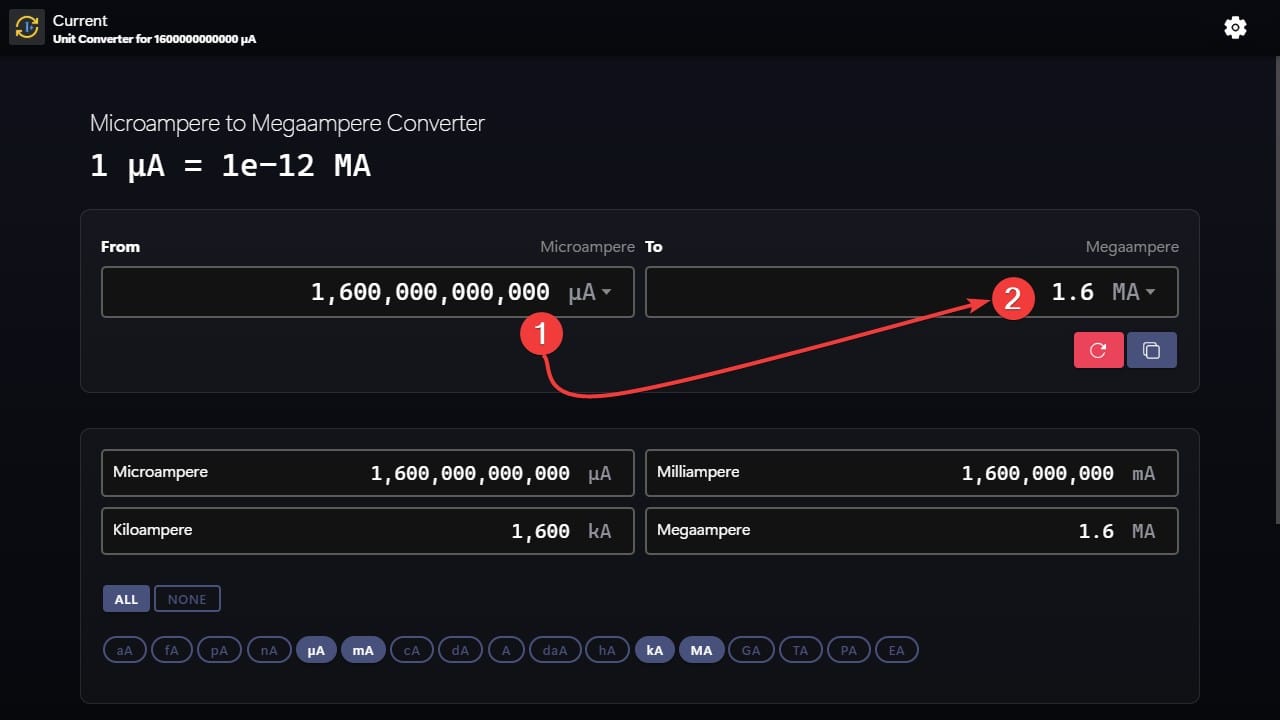 Microampere to Megaampere (µA to MA) Converter - Calculator Hub