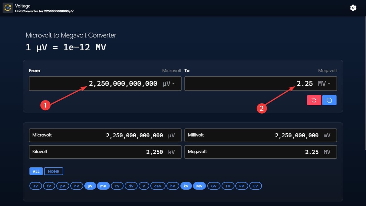 Microvolt to Megavolt (µV to MV) Converter - Calculator Hub