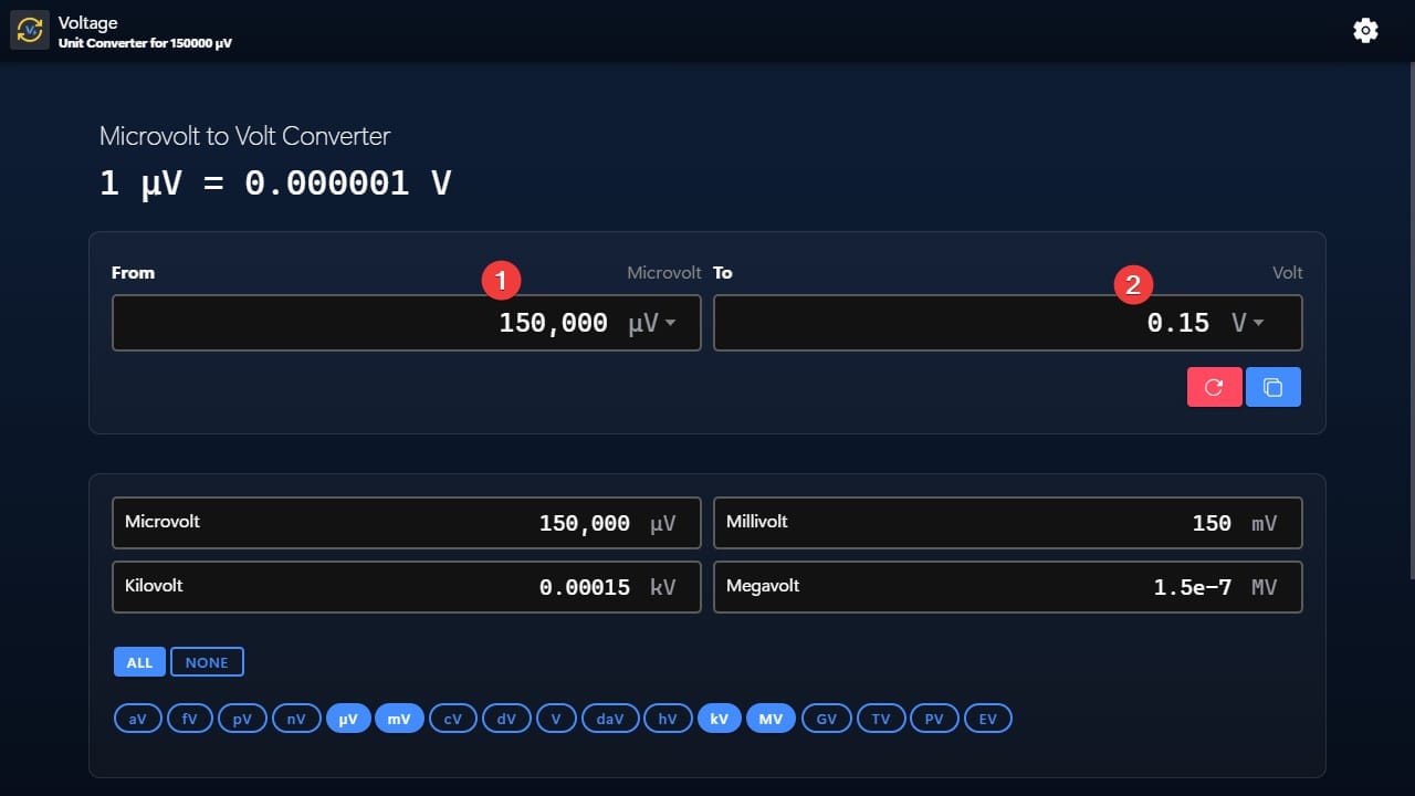 Microvolt to Volt (µV to V) Converter - Calculator Hub