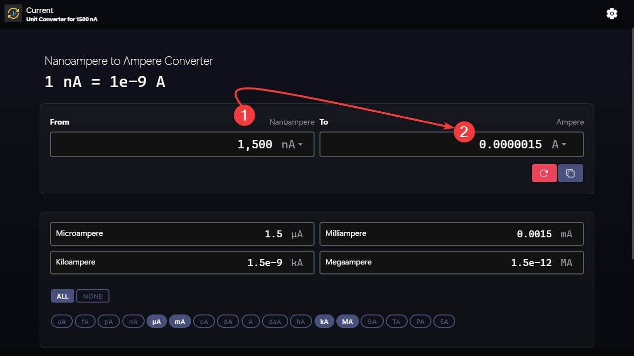 Nanoampere to Ampere (nA to A) Converter - Calculator Hub