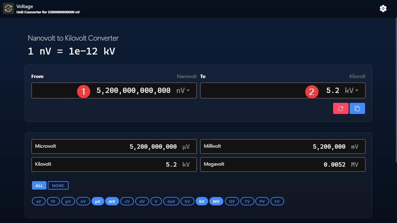 Nanovolt to Kilovolt (nV to kV) Converter - Calculator Hub