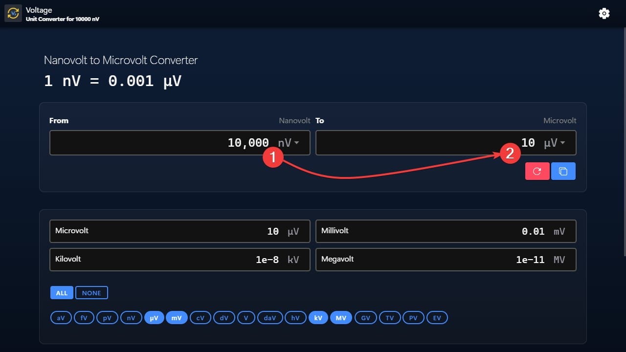 Nanovolt to Microvolt (nV to µV) Converter - Calculator Hub