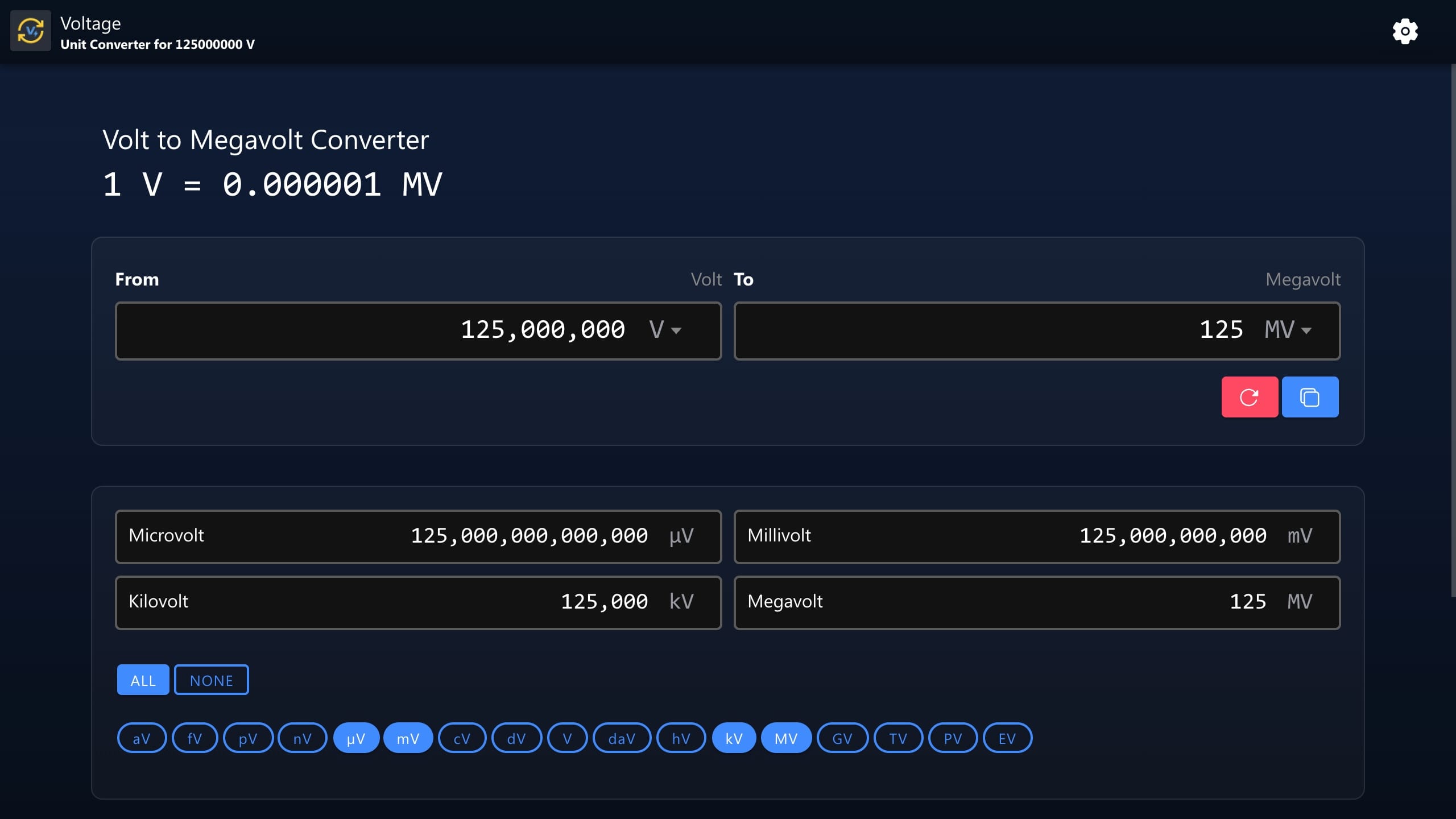 Volt to Megavolt (V to MV) Converter - Calculator Hub