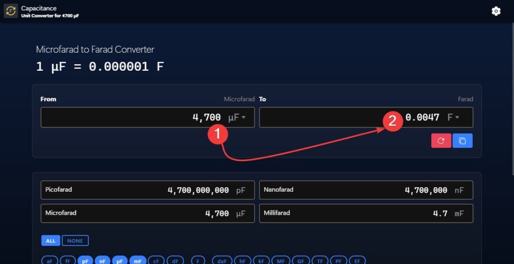 Microfarads to Farads (µF to F) Converter - Calculator Hub