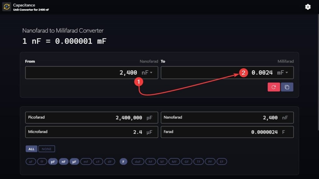 Nanofarads to Millifarads (nF to mF) Converter - Calculator Hub