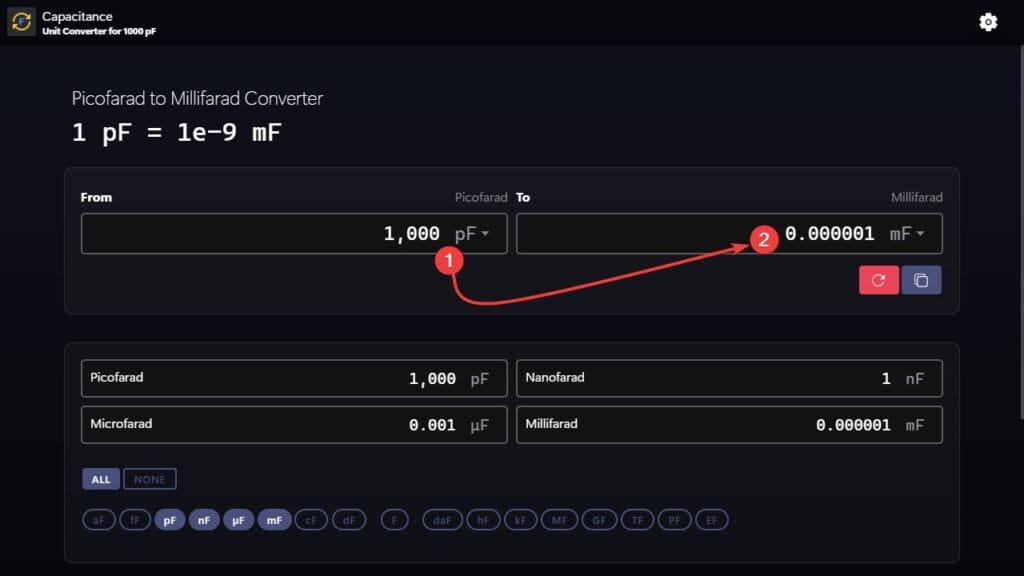 Picofarads to Millifarads (pF to mF) Converter - Calculator Hub