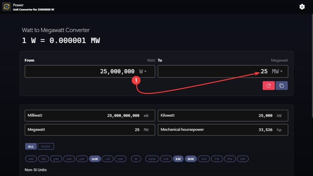 Watts to Megawatts (W to MW) Converter - Calculator Hub
