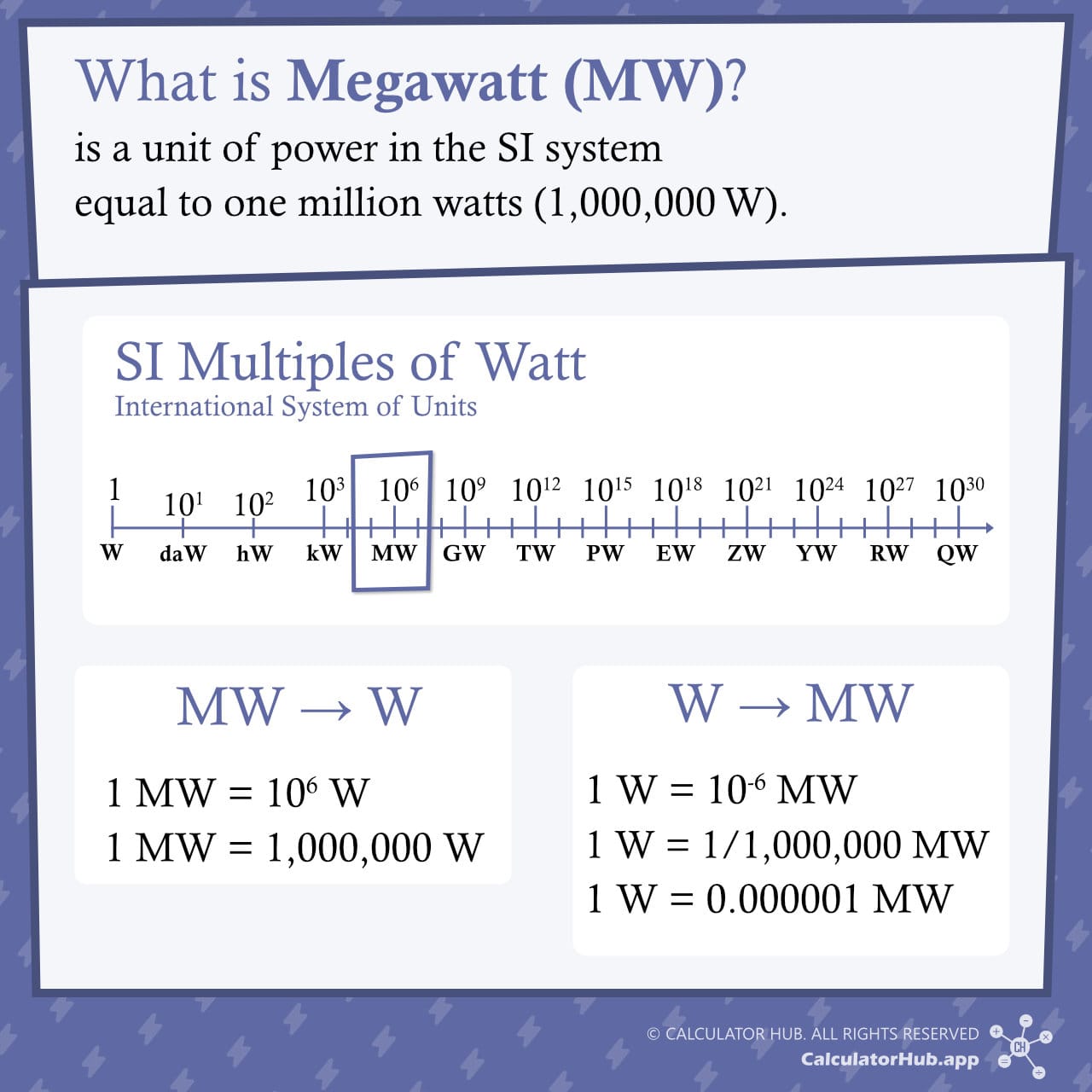 Watts to Megawatts (W to MW) Converter - Calculator Hub